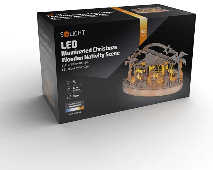 SOLIGHT Vánoční dřevěný betlém podsvícený, 5x LED, přírodní dřevo, 25cm, 2x AA