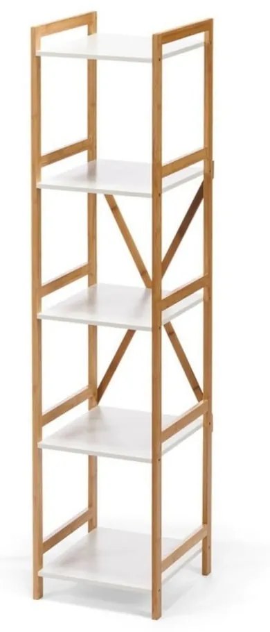 Bílý úzký pětipatrový regál s bambusovou konstrukcí loomi.design Lora