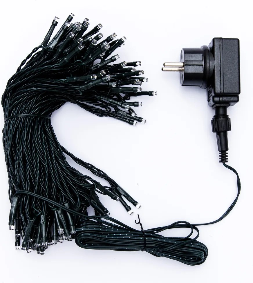 LED světelný řetěz, venkovní, 20 m, ledově bílá, 100 diod, černý kabel, IP44, vč. zdroje