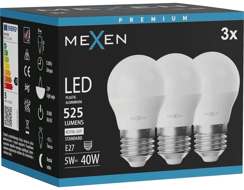 Mexen Nova 3x LED žárovka E27, G45, 5W, Neutrální - 4000K, 525 lm - L101-E27-0540-01x03
