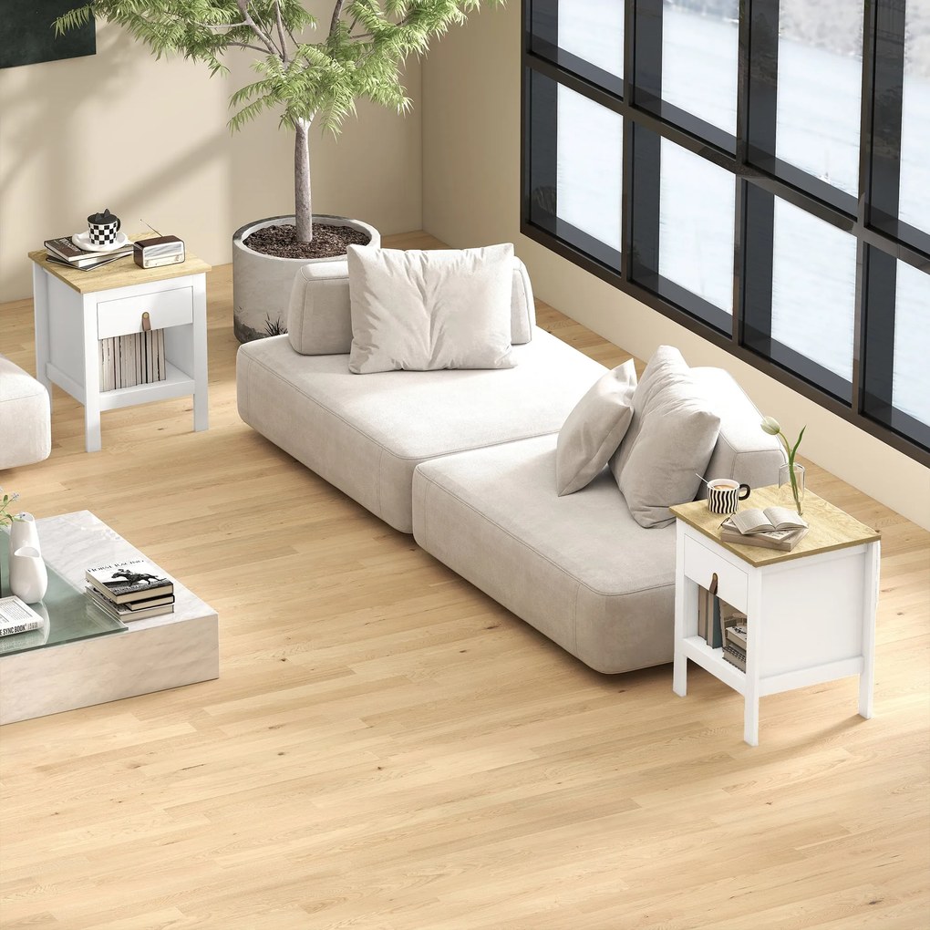 HOMCOM Sada 2 Nočních Stolků s Šuplíkem a Otevřeným Kompartmentem, Moderní Styl do Ložnice nebo Obývacího Pokoje, 45 x 40 x 55 cm, Bílá | Aosom