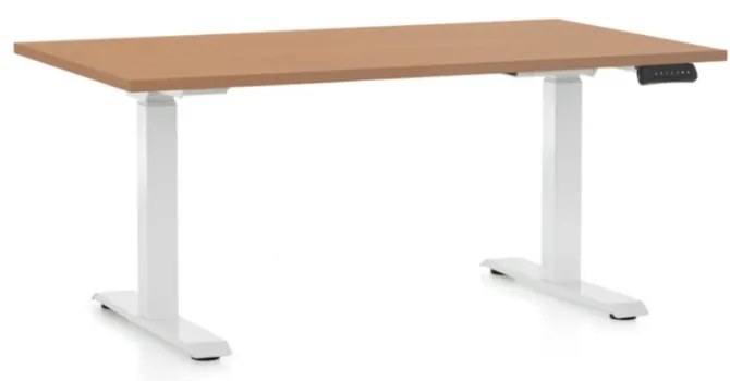 Výškově nastavitelný stůl OfficeTech D, 140 x 80 cm, bílá podnož, buk
