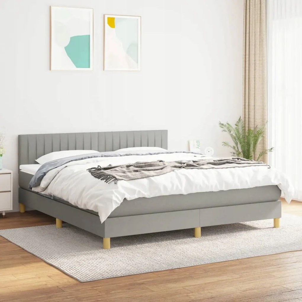 Box Spring Postel S Matrací Textil Světle Šedá Svislé pruhy 160 x 200 cm