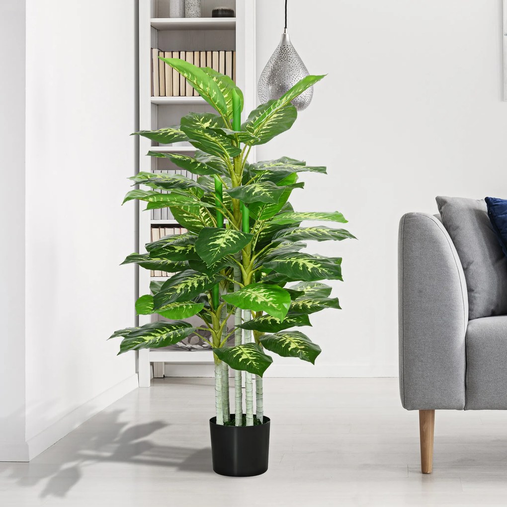 HOMCOM Umělá Dieffenbachia Velká 120 cm, Umělá Rostlina Dieffenbachia v Květináči, Umělé Stromy s Umělou Trávou pro Dekoraci Obývacího Pokoj a Ložnice