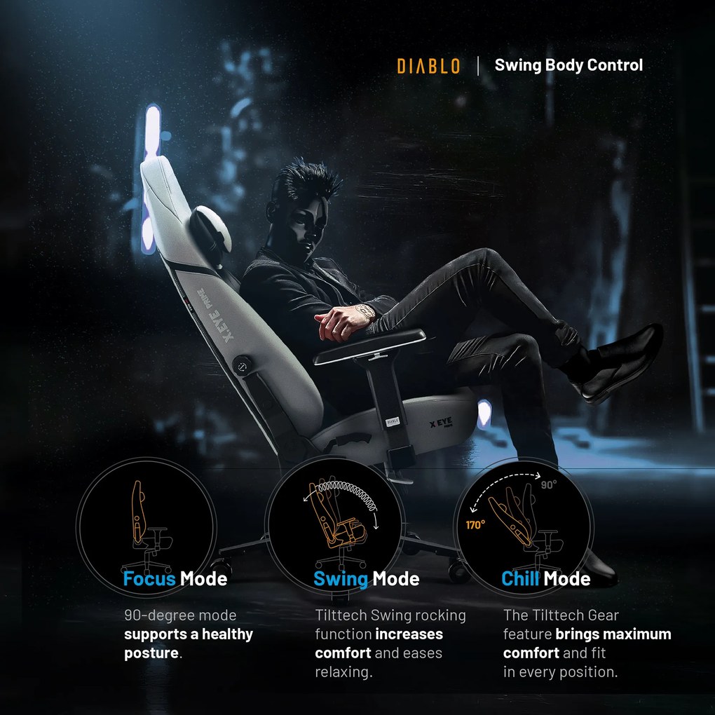 Herní křeslo Normal Size, šedý-černý: Diablo X-Eye Prime Nightwolf Moon