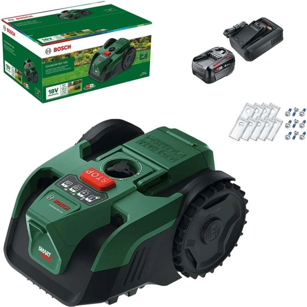 Bosch - 18V AKU Robotická sekačka VisiMow18V-100, 1x aku 4,0 Ah Li-Ion, nabíječka 06008E1002