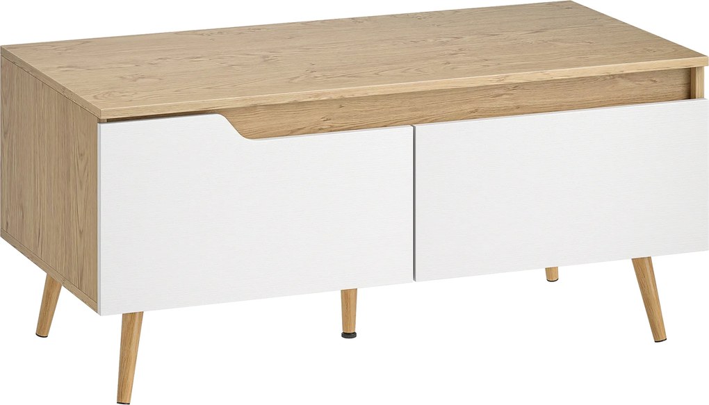 HOMCOM obdélníkový konferenční stolek, moderní obývací stůl se 2 zásuvkami, 5 nohami z borového dřeva, 100x50x46 cm, dub a bílá