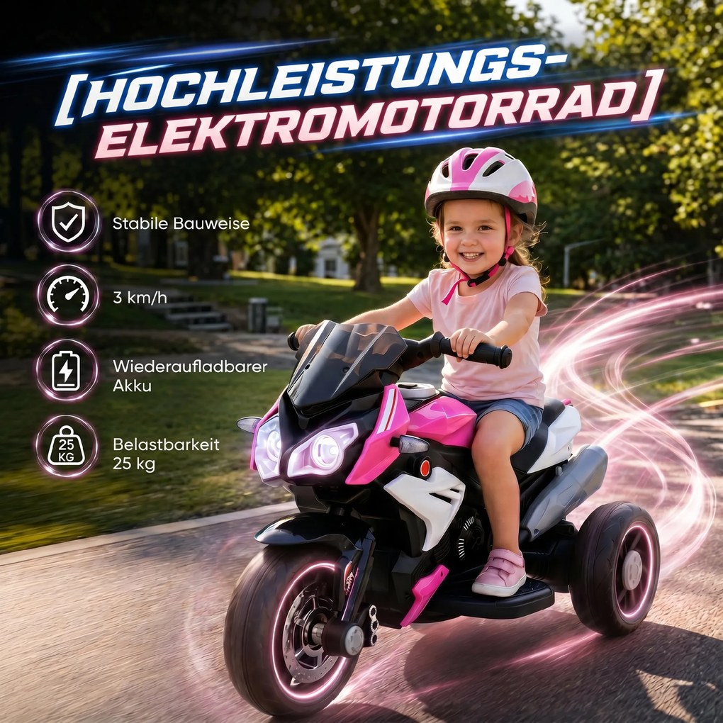 HOMCOM Elektrická dětská motorka, světla a zvuky, 3 km/h, dobíjecí, plast a kov, růžová/bílá