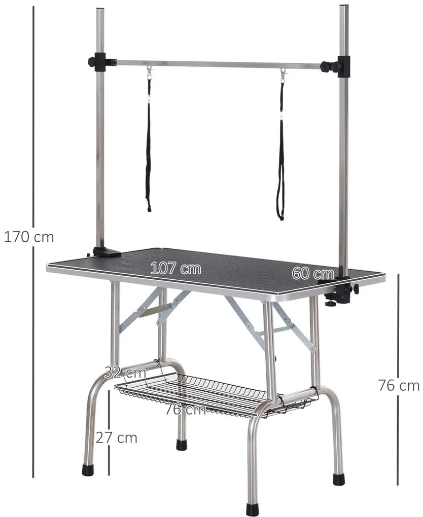 MM Handel Stůl na stříhání psů se spodním košem střihací stůl pro psy a kočky do 100 kg | černý