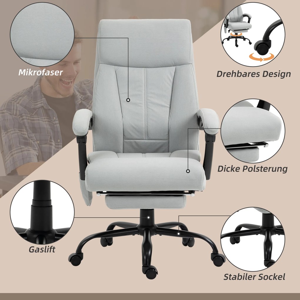 Masážní kancelářská židle Vinsetto s funkcí polohování ergonomická kancelářská židle výškově nastavitelná manažerská židle s podnožkou světle šedá pr…