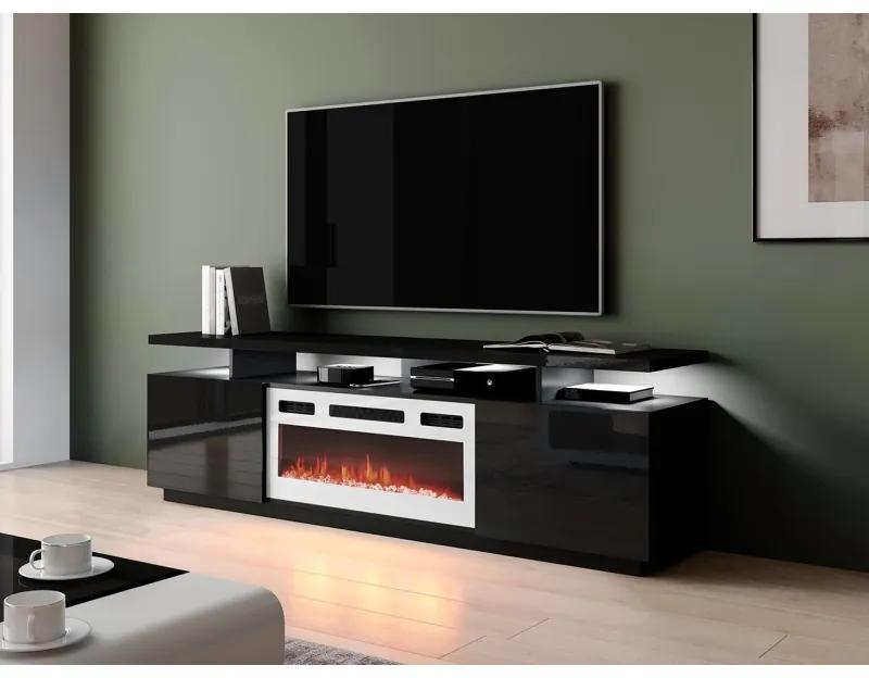 TV skříňka Aniceto s krbem, Osvětlení: osvětlení LED, Barva: černý / černý lesk, Krb: černý