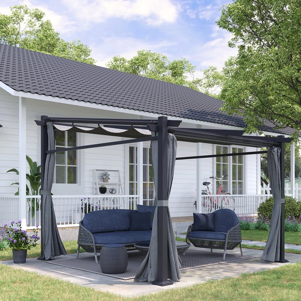 Outsunny pergola 2,97 x 2,95 m, voděodolný pavilon se sluneční stříškou, boční panely, kryt terasy, polyester, tmavě šedá | Aosom