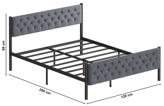 Kovová dvoulůžková postel KAROM 120x200 cm šedá nosnost 120 kg