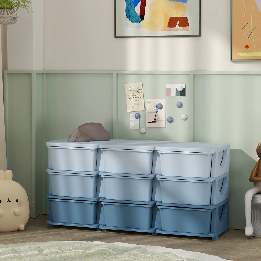 HOMCOM komoda s 9 zásuvkami pro děti – organizér na hračky, modrá, 113 x 37 x 56,5 cm – pro děti 3–6 let