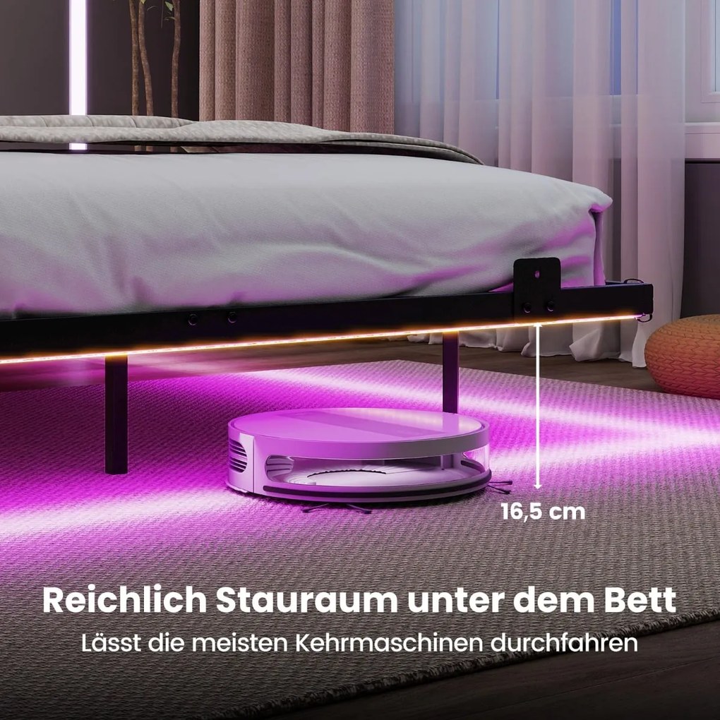 Costway Rám dvoulůžka plovoucí postel s LED světly moderní rám z kovu černé