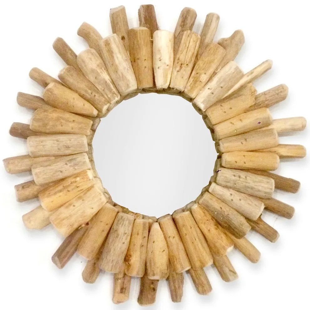 Kulaté zrcadlo-slunce v dřevěném rámu, nástěnná dekorace z přírodních materiálů