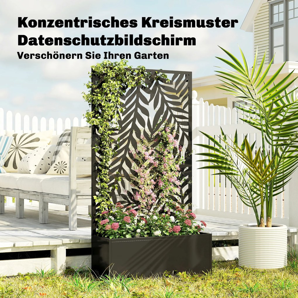 Truhlík na květináče s ochrannou mříží Truhlík na květináče s mříží s motivy tropických listů 61 x 23 x 113 cm Černá barva