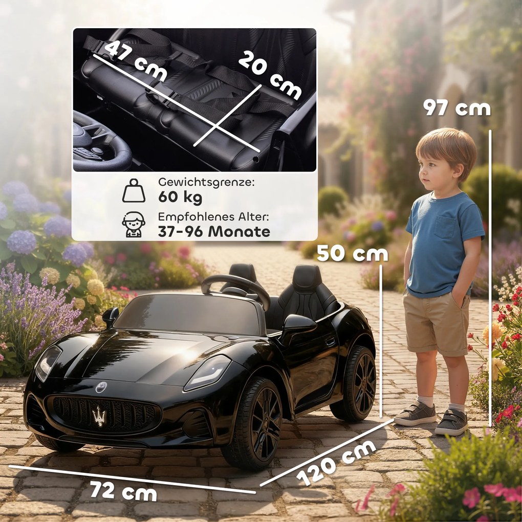 AIYAPLAY Dětské elektroauto Maserati, dvoumístné, 12V napájení z baterie, dálkové ovládání, LED světla, hudební funkce, černé