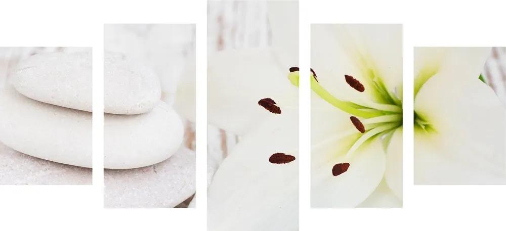 5-dílný obraz lilie a masážní kameny v bílém provedení - 200x100 cm