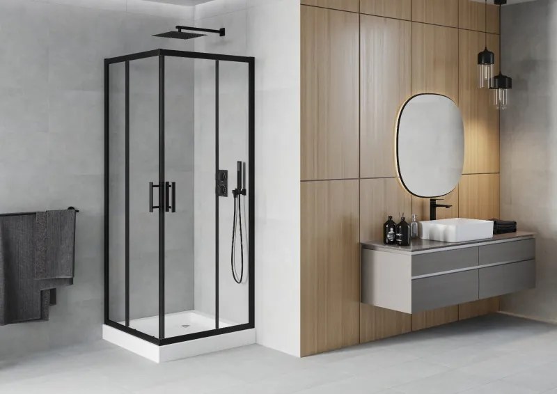 Mexen Rio, čtvercový sprchový kout 80 x 80 cm, 6mm čiré sklo, černý profil + bílá sprchová vanička RIO, 860-080-080-70-00-4510