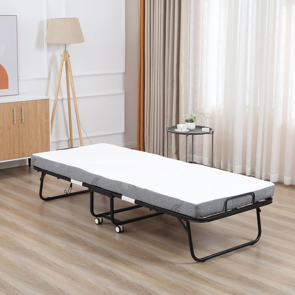 HOMCOM lůžko pro hosty, skládací postel s kolečky, ocel+pěna, bílá+černá, 200x75x42.5cm| Aosom