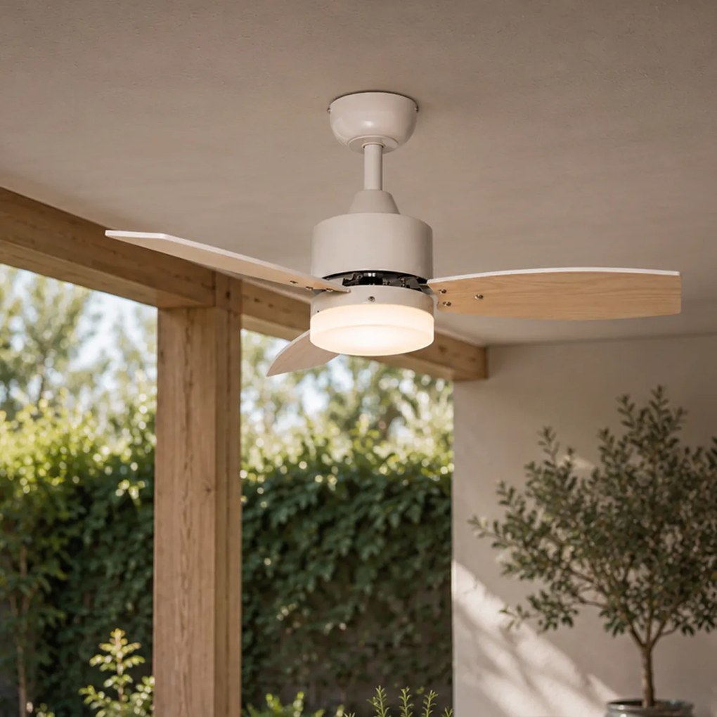 Venkovní stropní ventilátor bílý se vzhledem dřeva 91,3 cm vč. stmívatelné LED s dálkovým ovládáním IP44 - Toledo