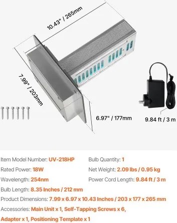 Čistička vzduchu HVAC pro celý dům 18 W 22,9 cm světlý v potrubní technologii PCO