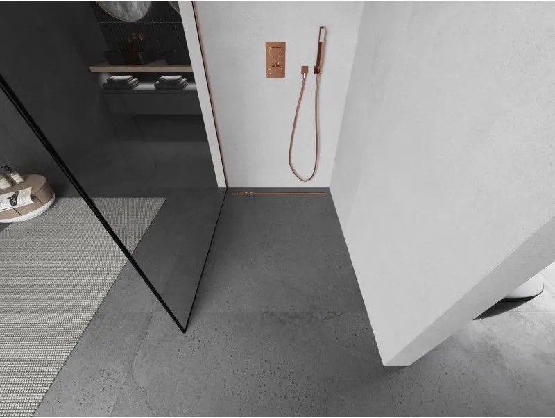 Mexen Kioto, sprchová zástěna Walk-In 120 x 200 cm, 8mm čiré sklo černý vzor, ​​měděný matný profil, 800-120-101-65-70