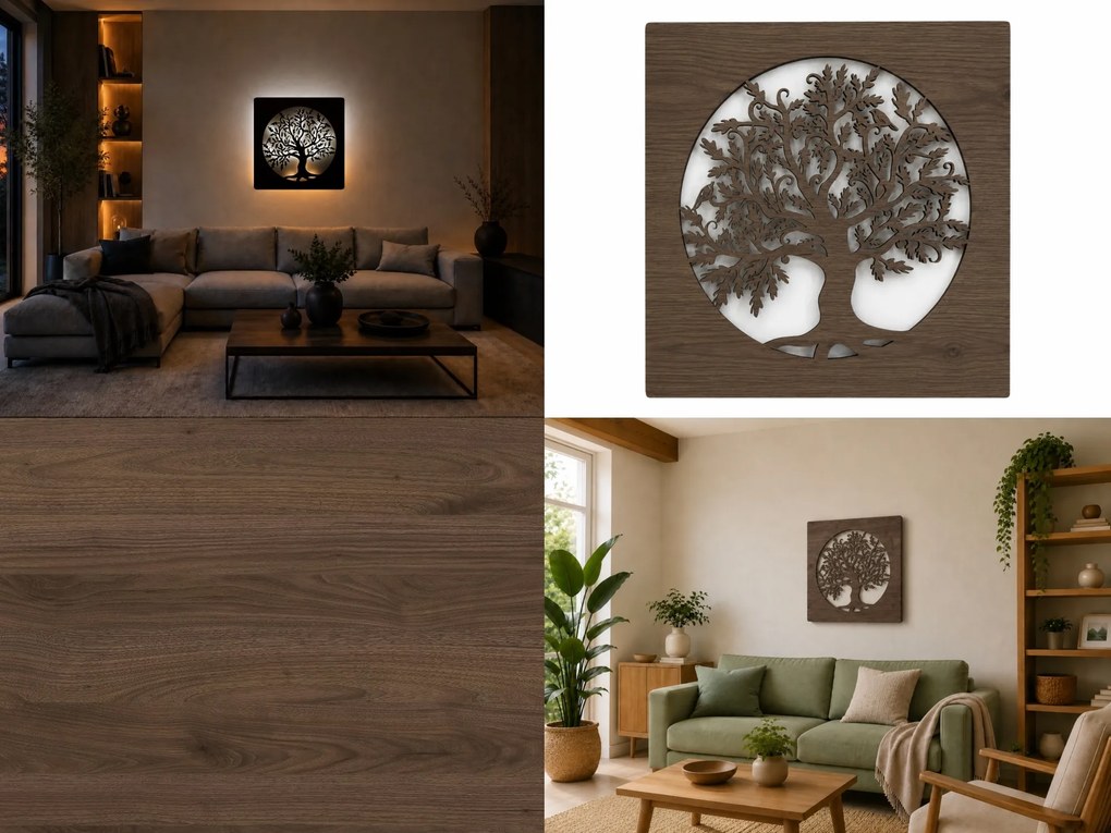 Li-Go "Dub v kruhu" světelný obraz s baterií a pohybovým čidlem 70x70 cm provedení povrchu: ořech