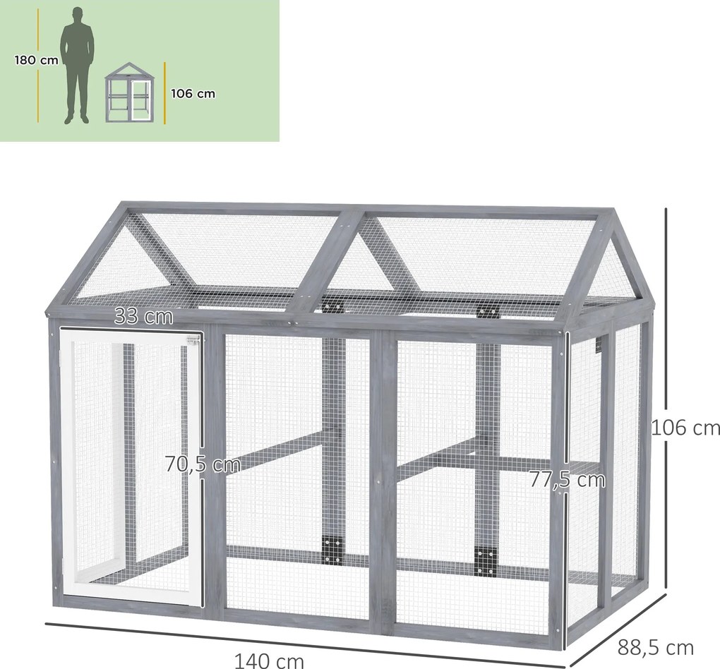 PawHut venkovní výběh pro slepice, 1,18 m² (140 x 88,5 x 106 cm), zamykatelné dveře, masivní smrkový rám, pletivo, pro 1–3 slepice, šedý