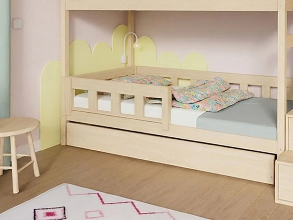 Benlemi Patrová postel PLOTTY s úložnými schody 90x200 cm Zvolte barvu: Transparentní vosková lazura matná, Zvolte šuplík: Přistýlka 90x190 cm, Zvolte stranu: Vlevo