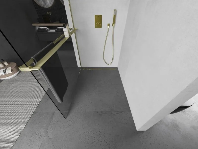 Mexen Kioto+ Sprchová stěna s policí Walk-in 105 x 200 cm, transparentní, zlatá kartáčovaná - 800-105-121-55-00
