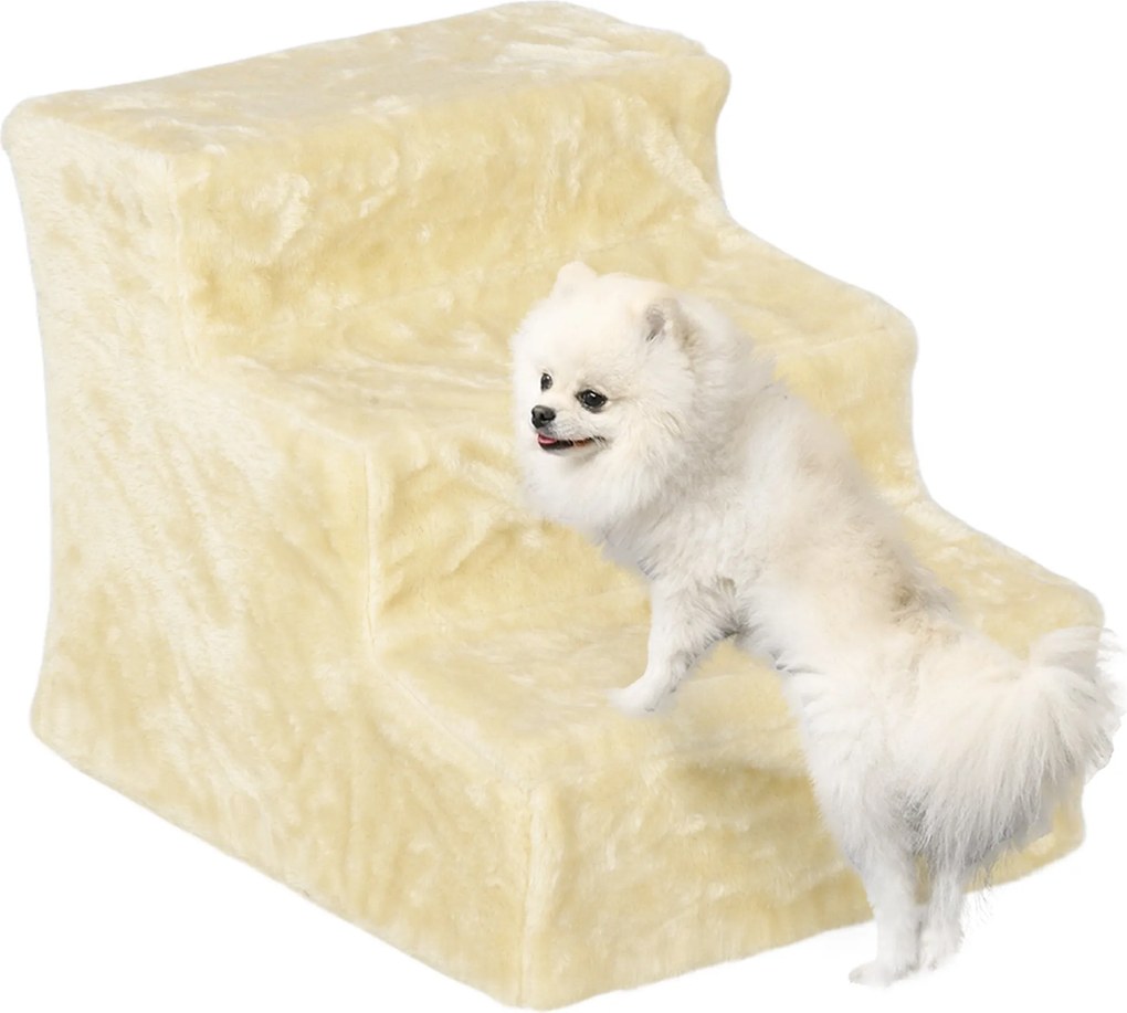 Schody pro psy PawHut, 3 kroky, 35 cm vysoké, pro malé psy a kočky, schody s prahem s pratelným plyšem na postel, pohovku, beige | Aosom