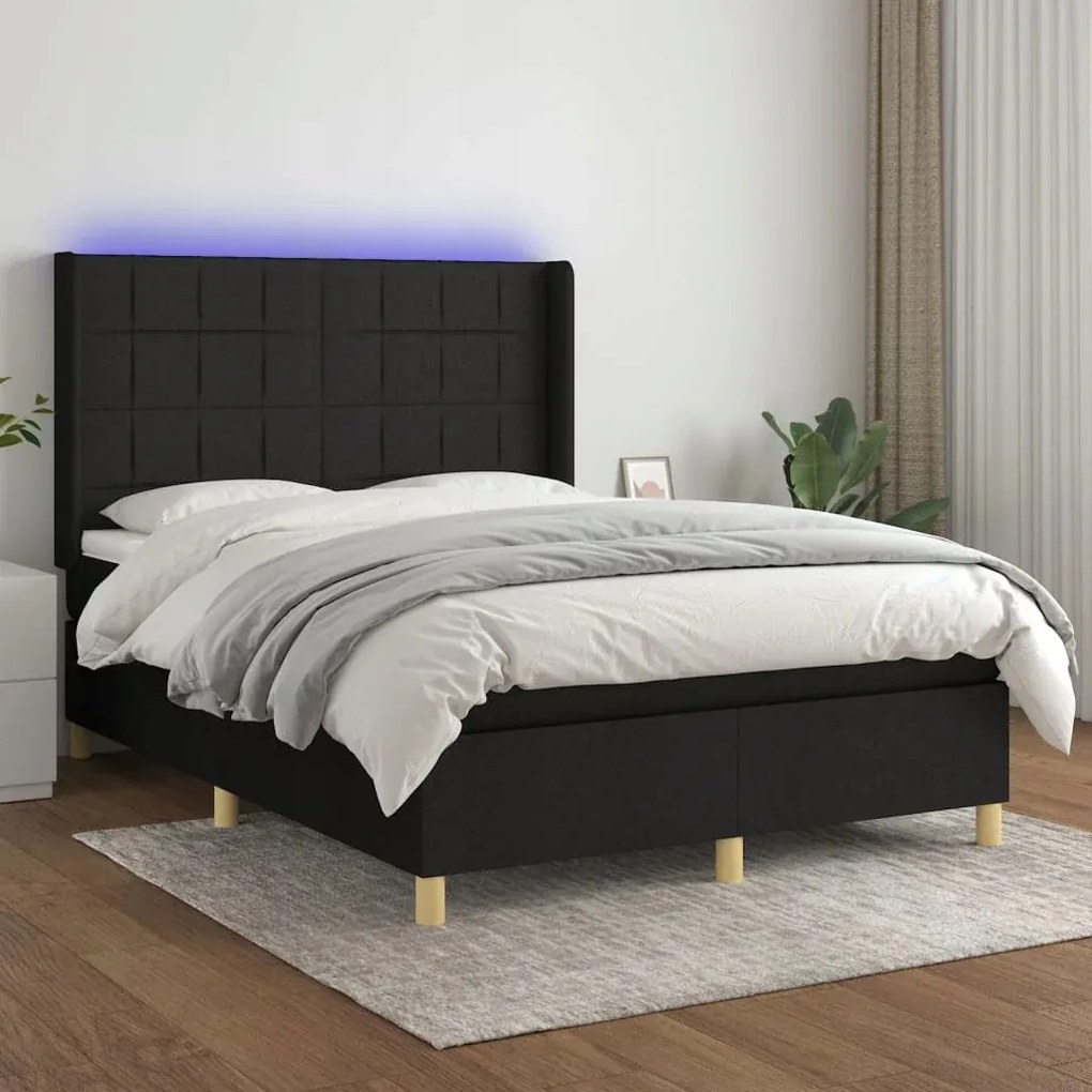 Box Spring Postel S Matrací A Led Černá Textil Černá Blok se čtverci 140