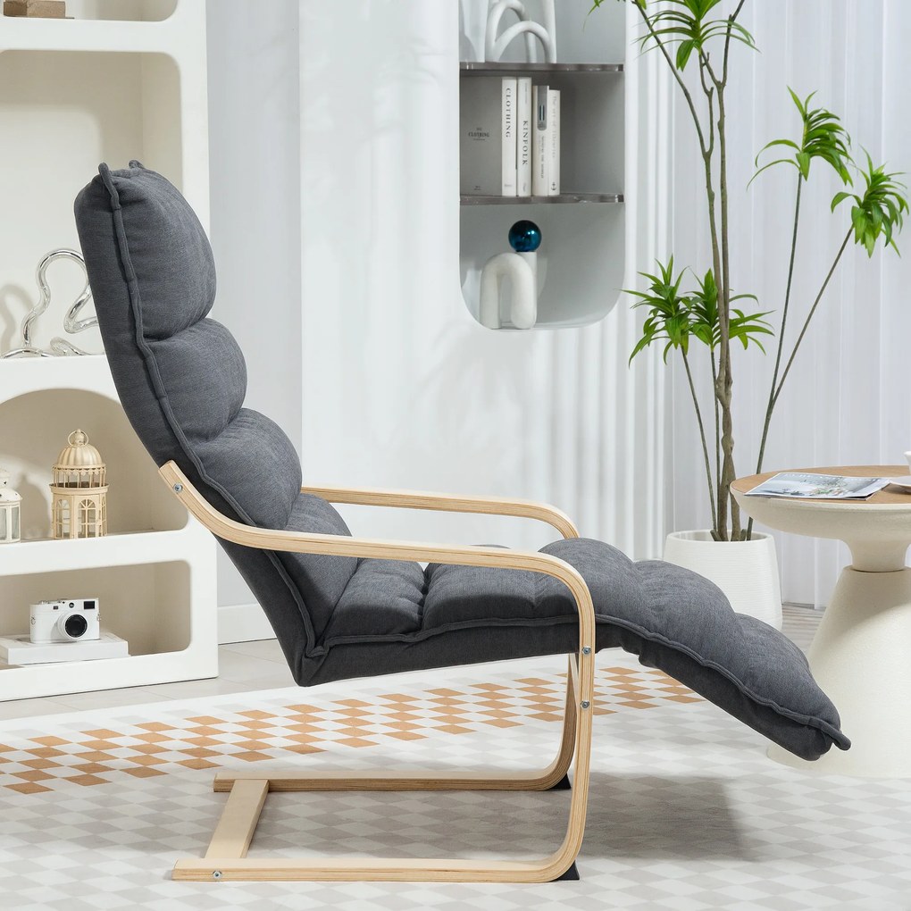 HOMCOM Tmavě šedé dřevěné relaxační křeslo s sametovým potahem, nastavitelný opěrka na nohy, moderní design pro obývací pokoj a lounge