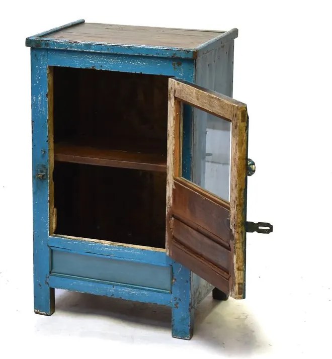 Prosklená skříňka z antik teakového dřeva, tyrkysová patina, 43x32x70cm