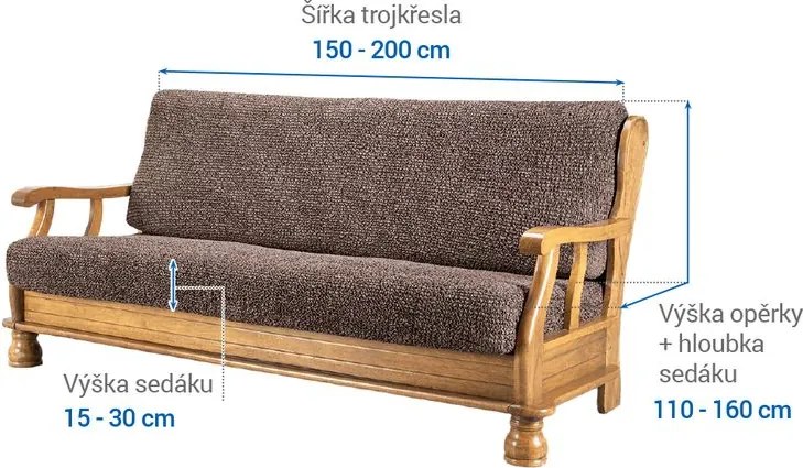 Bielastické potahy VITTORIA hnědá trojkřeslo s dřevěnými rukojeťmi (š. 150 - 200 cm)