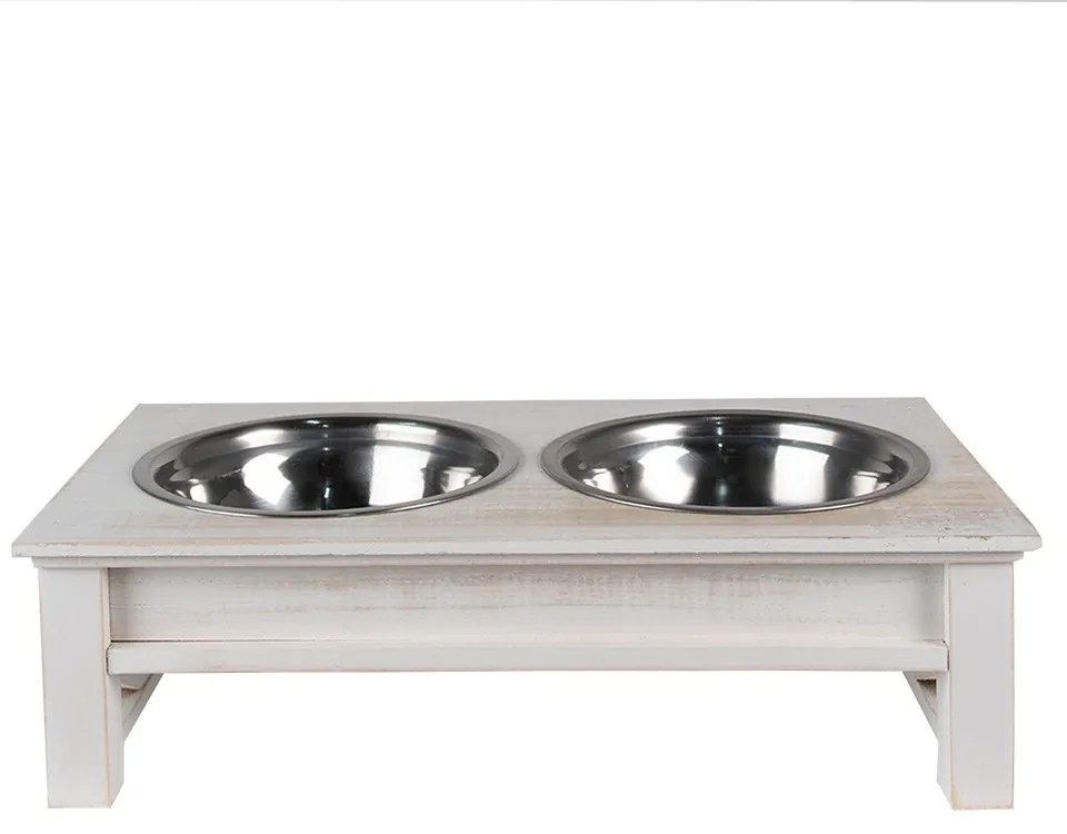 Misky pro zvířata v bílém antik dřevěném stojanu - 40*22*12 cm / 2*500 ml