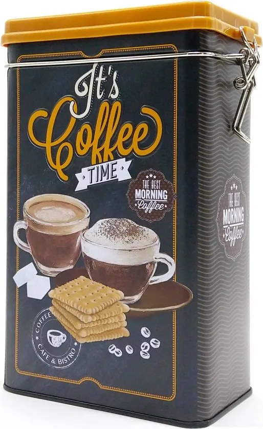 Plechová dóza It‘s Coffee Time, 500 g – černá, matný povrch, s kávovým motivem, s patentním uzávěrem, na kávu, bylinky, těstoviny a drobnosti