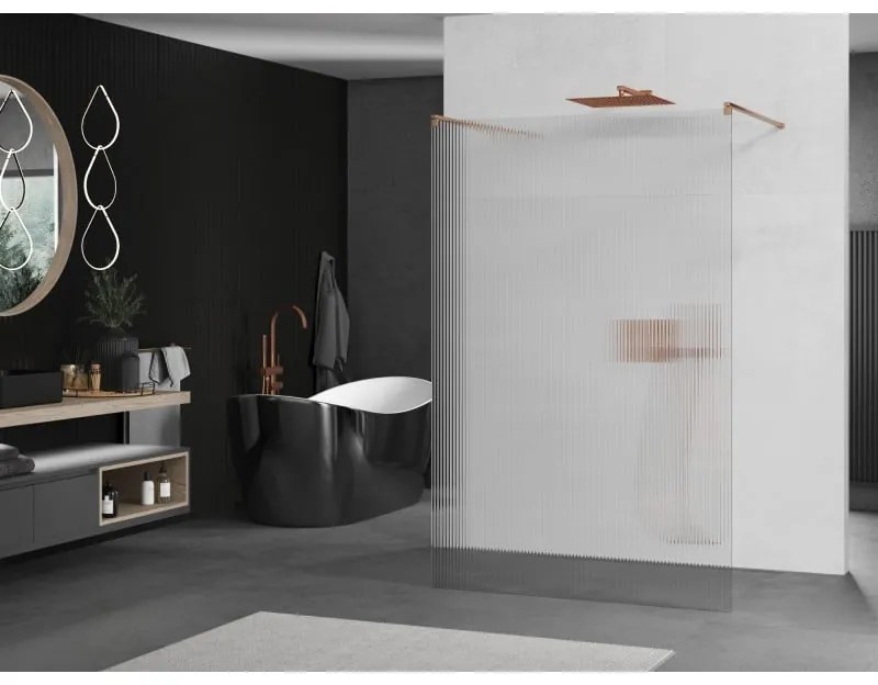 Mexen Kioto, sprchová zástěna Walk-In 100 x 200 cm, 8mm sklo s žebrovým vzorem, měděný matný profil, 800-100-002-65-09