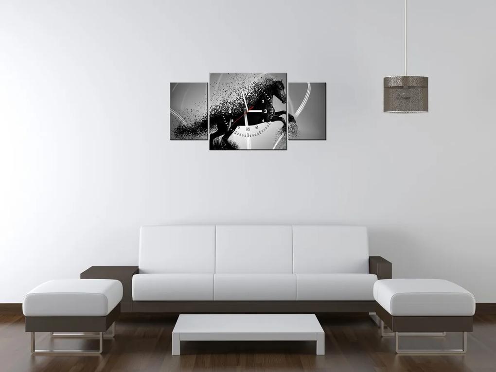 Gario Obraz s hodinami Černobílý kůň, Jakub Banas - 3 dílný Rozměry: 80 x 40 cm