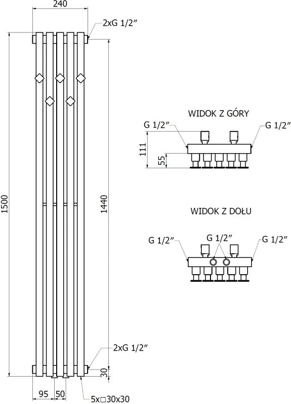 Mexen Flux dekorativní koupelnový radiátor 1500 x 240 mm, 450 W, černý - W127-1500-240-00-70