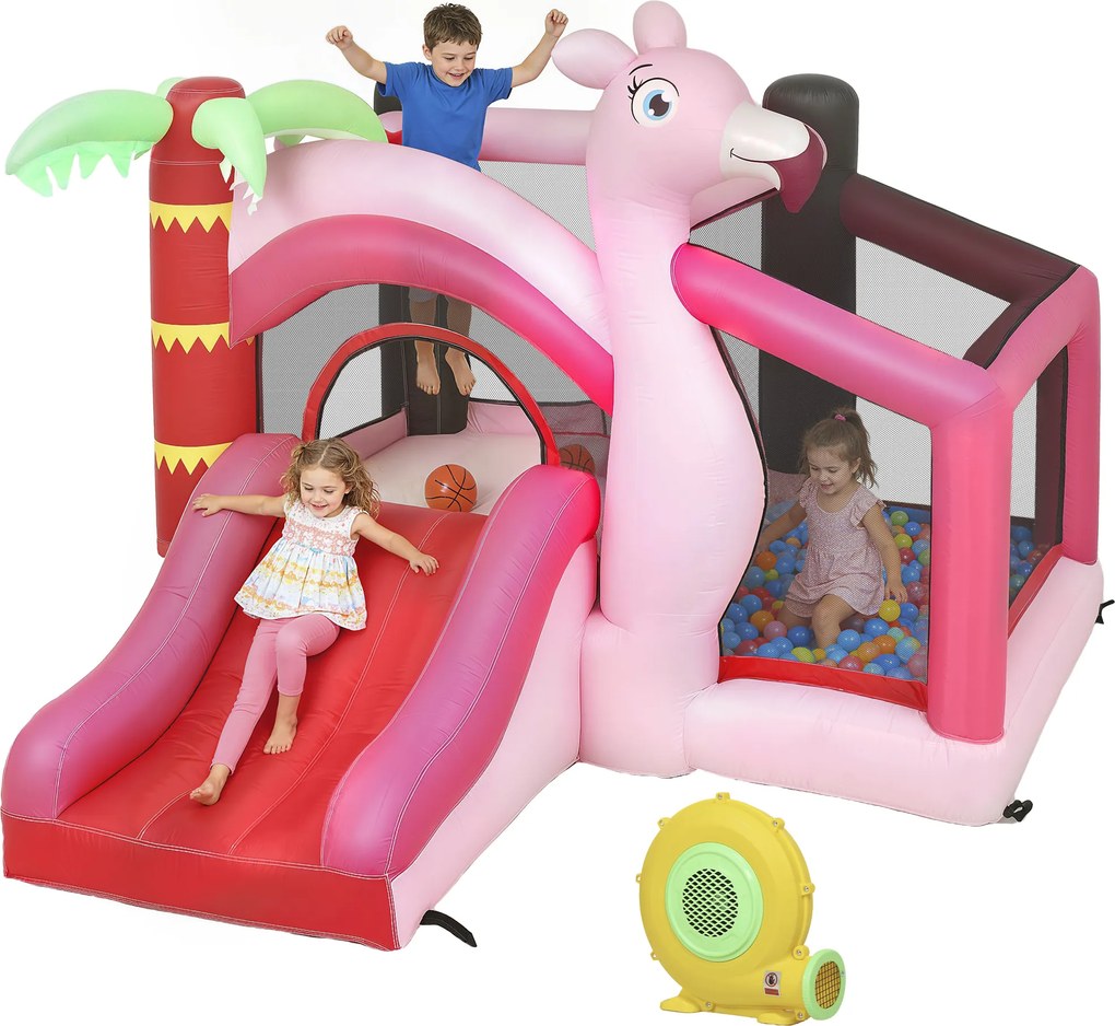 AIYAPLAY Skákací hrad pro děti s ventilátorem, skluzavkou, trampolínou, bazénkem s míčky, košem na basketbal, 255x230x196 cm