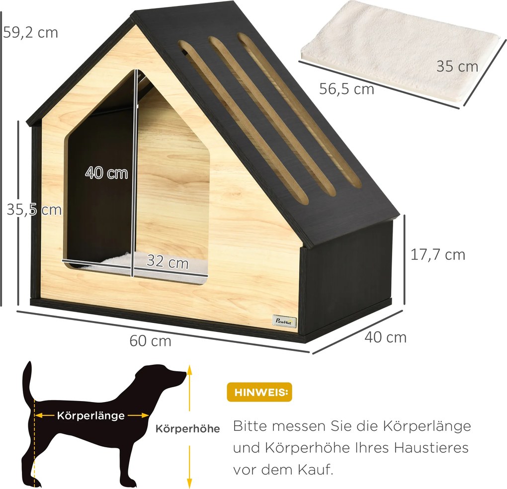 PawHut dřevěná bouda pro psy Útulná vnitřní jeskyně pro kočky a psy s polštářem, pro malé psy do 8 kg, 60x40x59,2 cm| Aosom