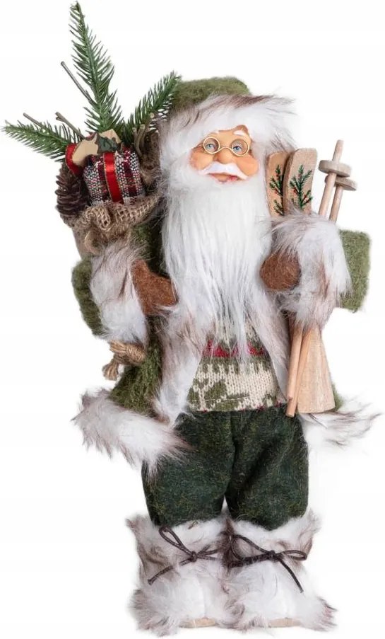 Clause Santa Claus zelený Mikuláš s lyžemi a taškou 30 cm Homla