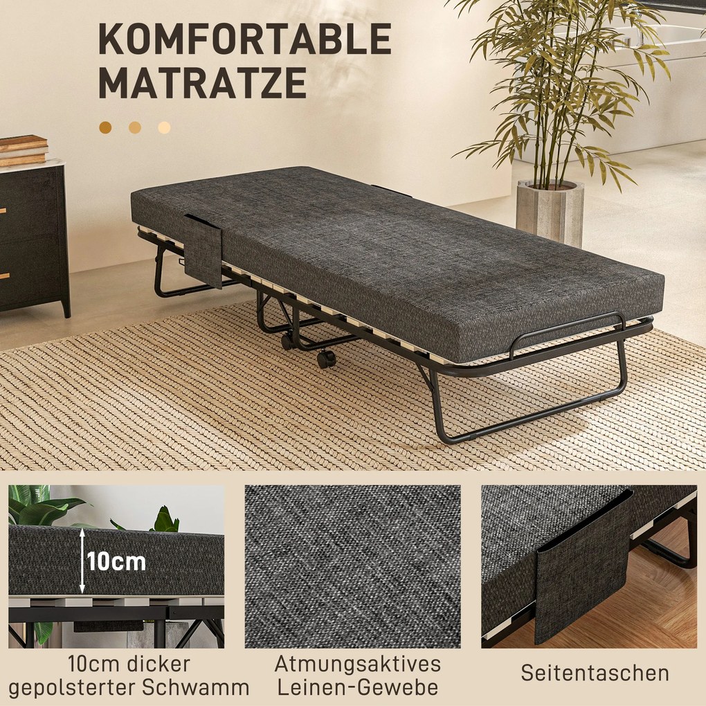 Skládací postel pro hosty HOMCOM s kolečky, 190x80 cm, 10 cm matrace, potah a boční taška, tmavě šedá, ideální do ložnice a na cesty | Aosom.de
