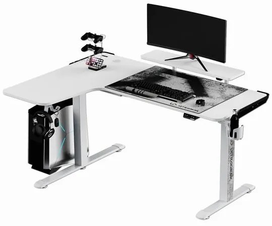 Lama Plus Herní stůl ULTRADESK WINGER – 111x155x60 cm, elektricky nastavitelná výška, RGB podsvícení, bílá