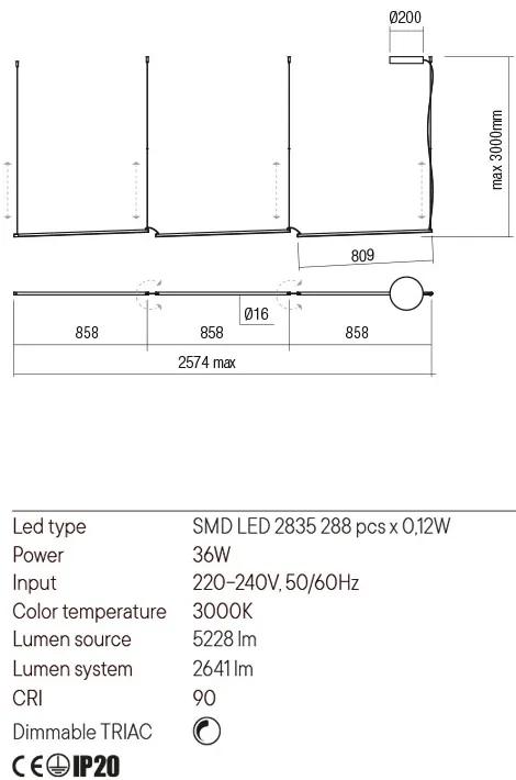 Redo Závěsné nastavitelné LED svítidlo Stick, max. 2574mm Barva: Mosaz