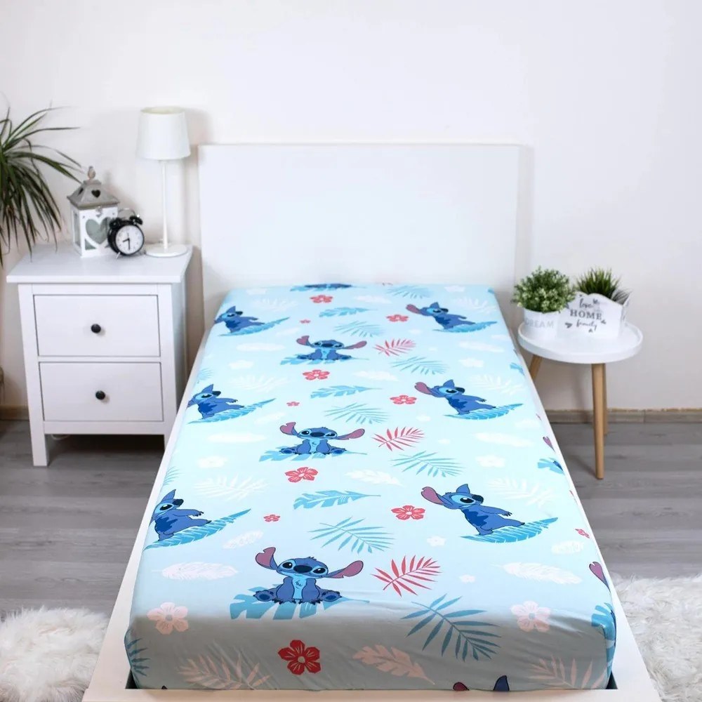Modré napínací bavlněné dětské prostěradlo na jednolůžko 90x200 cm Lilo & Stitch "Blue" – Jerry Fabrics