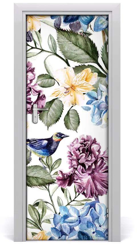 Samolepící fototapeta na dveře květiny a ptáci 85x205 cm